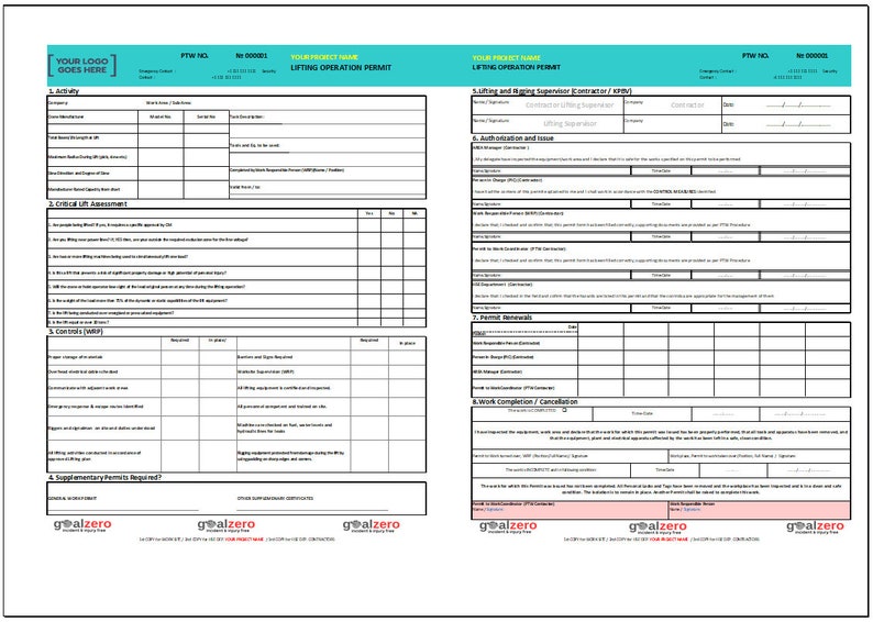 Lifting Operation Safe Work Permit for Template Compliance Template ...