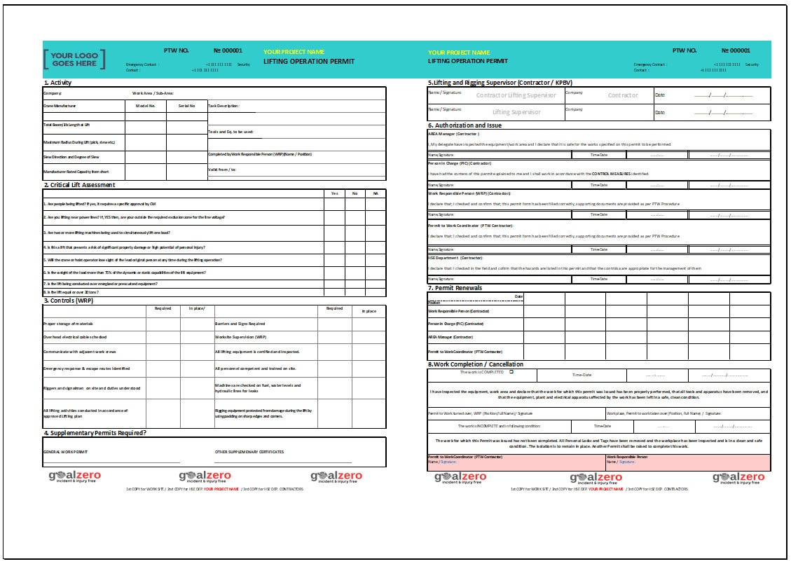 Lifting Operation Safe Work Permit Form Template | Instant Download ...