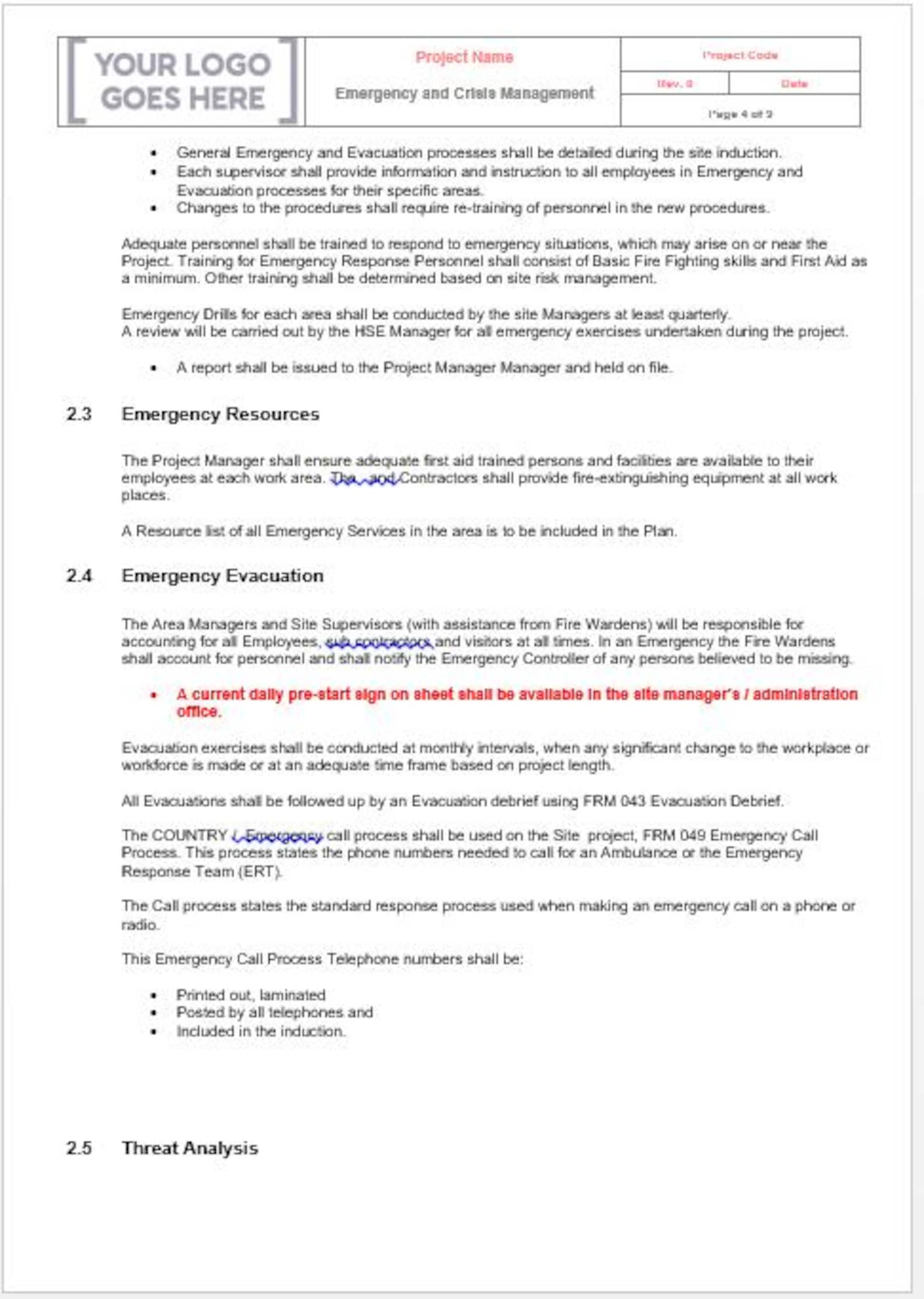 Emergency and Crisis Management Safety Procedure Template | Word File ...