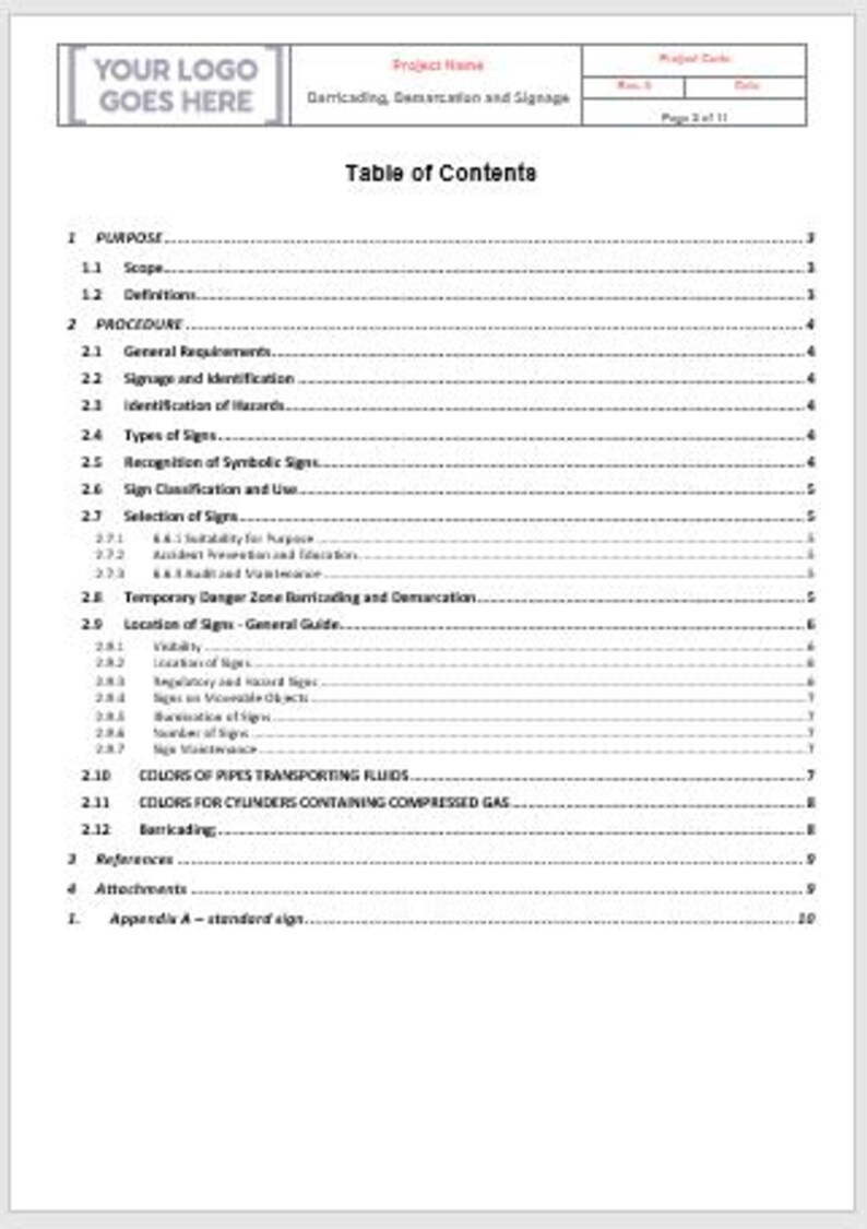 Barricading, Demarcation & Signage Safety Procedure Editable Word ...