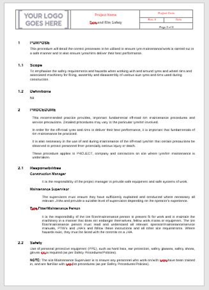 Tyre and Rim Safety Procedure Word Template – Comprehensive Risk ...