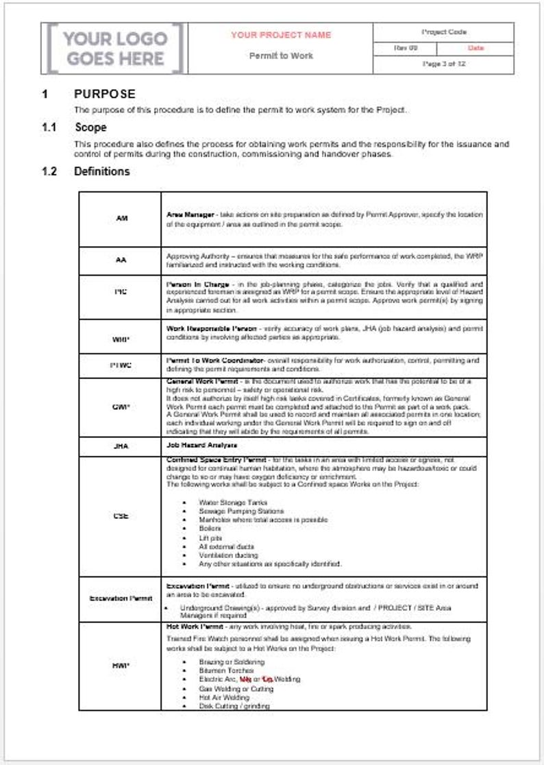 Permit to Work Procedure Template | Safety Management | PTW Safety Word ...