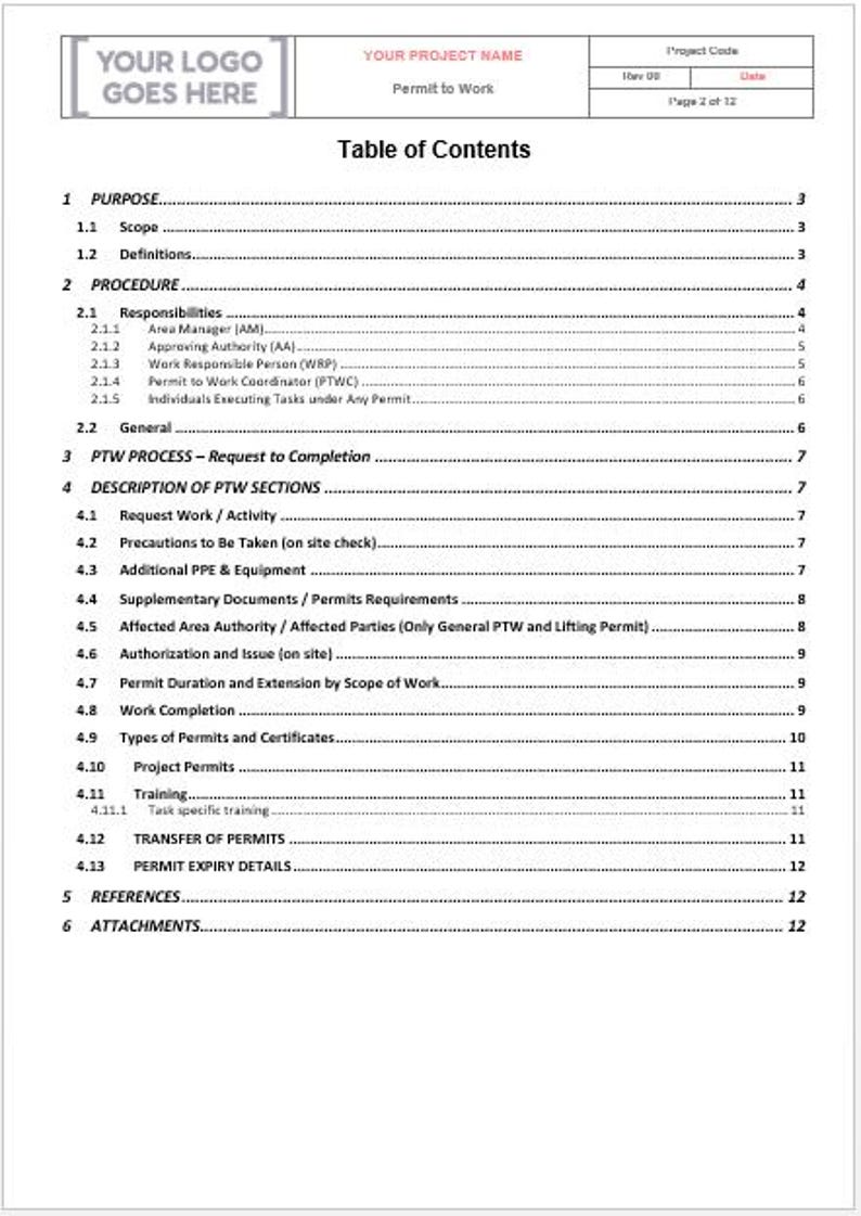 Permit to Work Procedure Template | Safety Management | PTW Safety Word ...