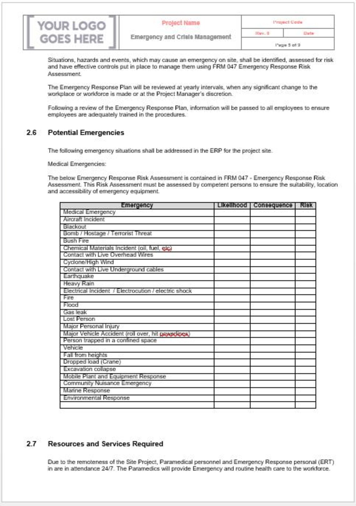 Emergency and Crisis Management Safety Procedure Template | Word File ...