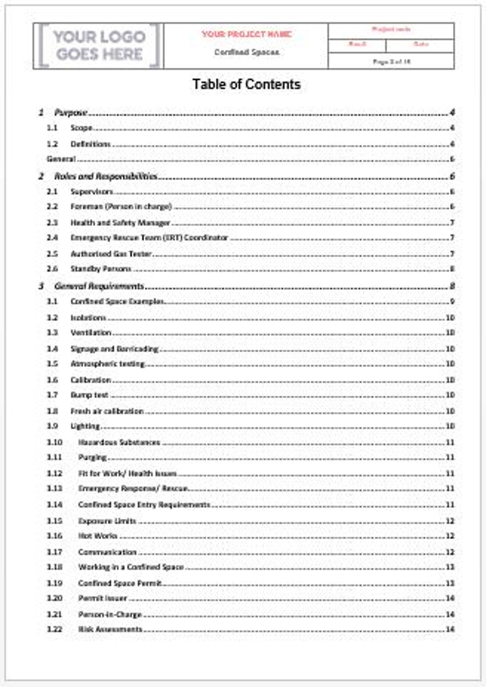 Confined Space Procedure Template | Safety Management | PTW Safety Word ...