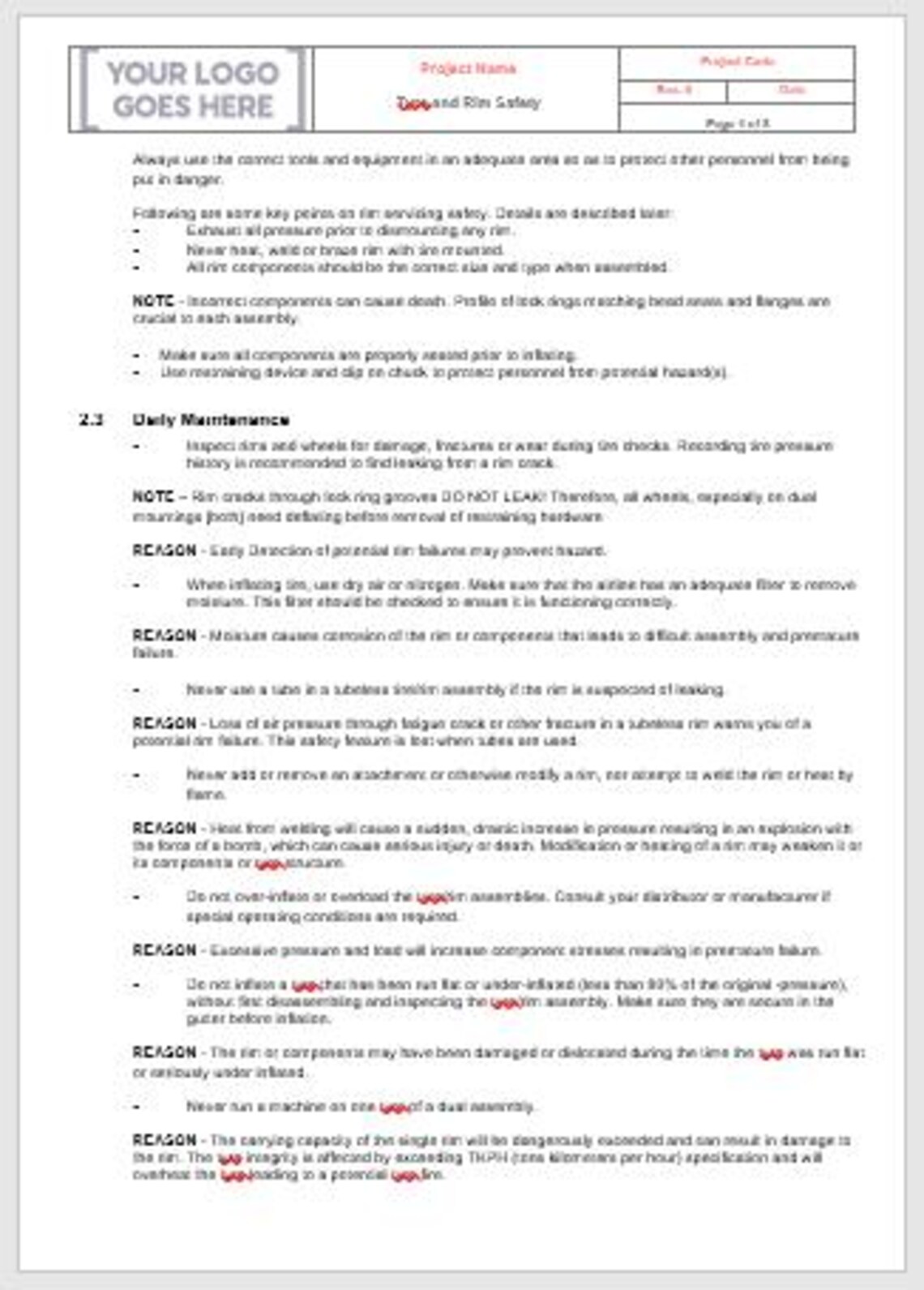 Tyre and Rim Safety Procedure Word Template – Comprehensive Risk ...