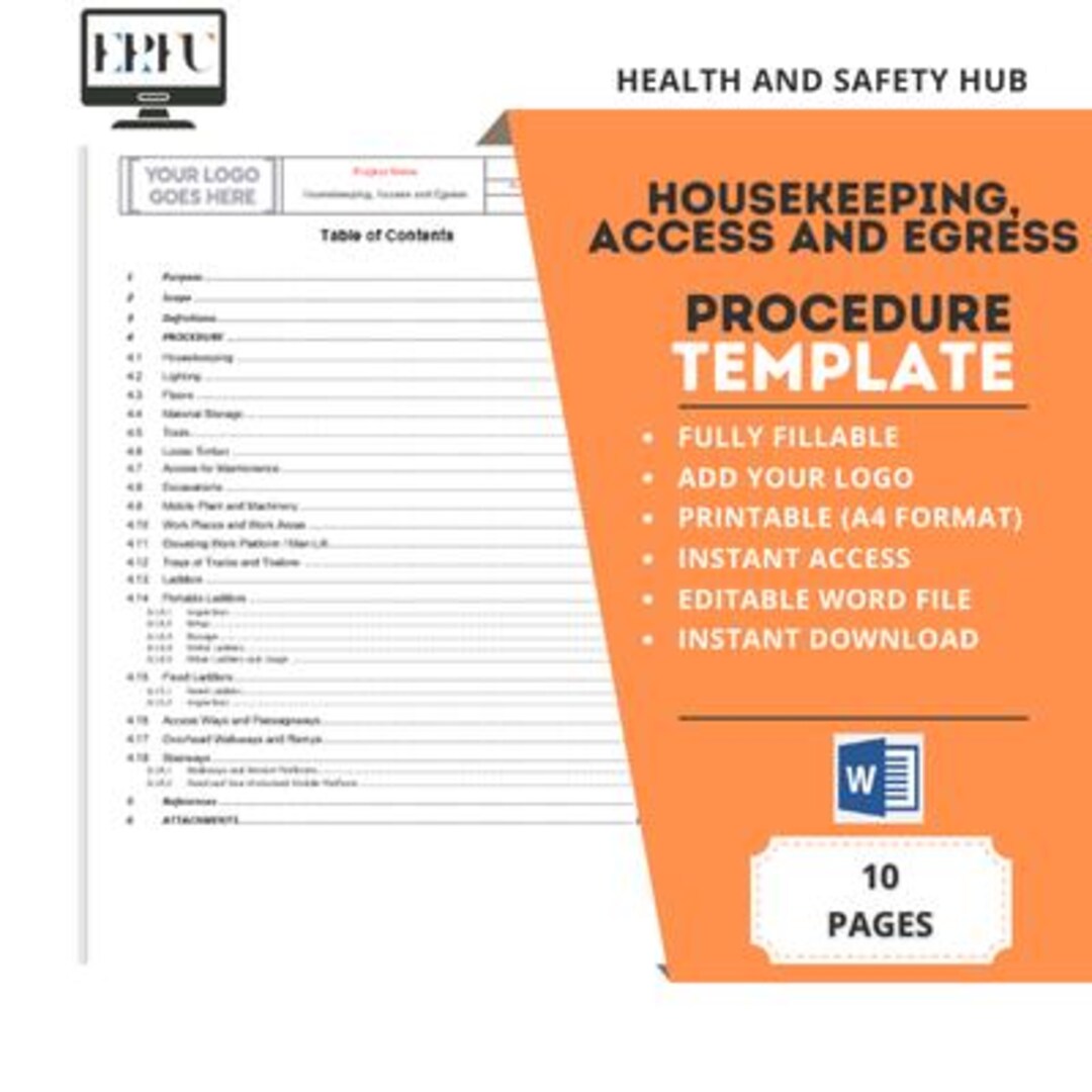Housekeeping, Access & Egress Safety Procedure | Editable Word Template ...
