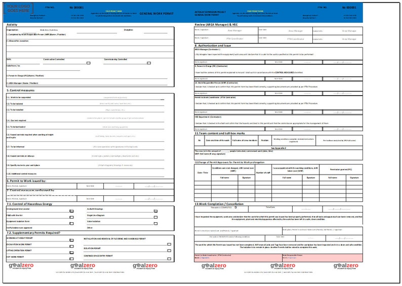 Comprehensive General Work Permit Safety Form| Permit to Work Safety ...