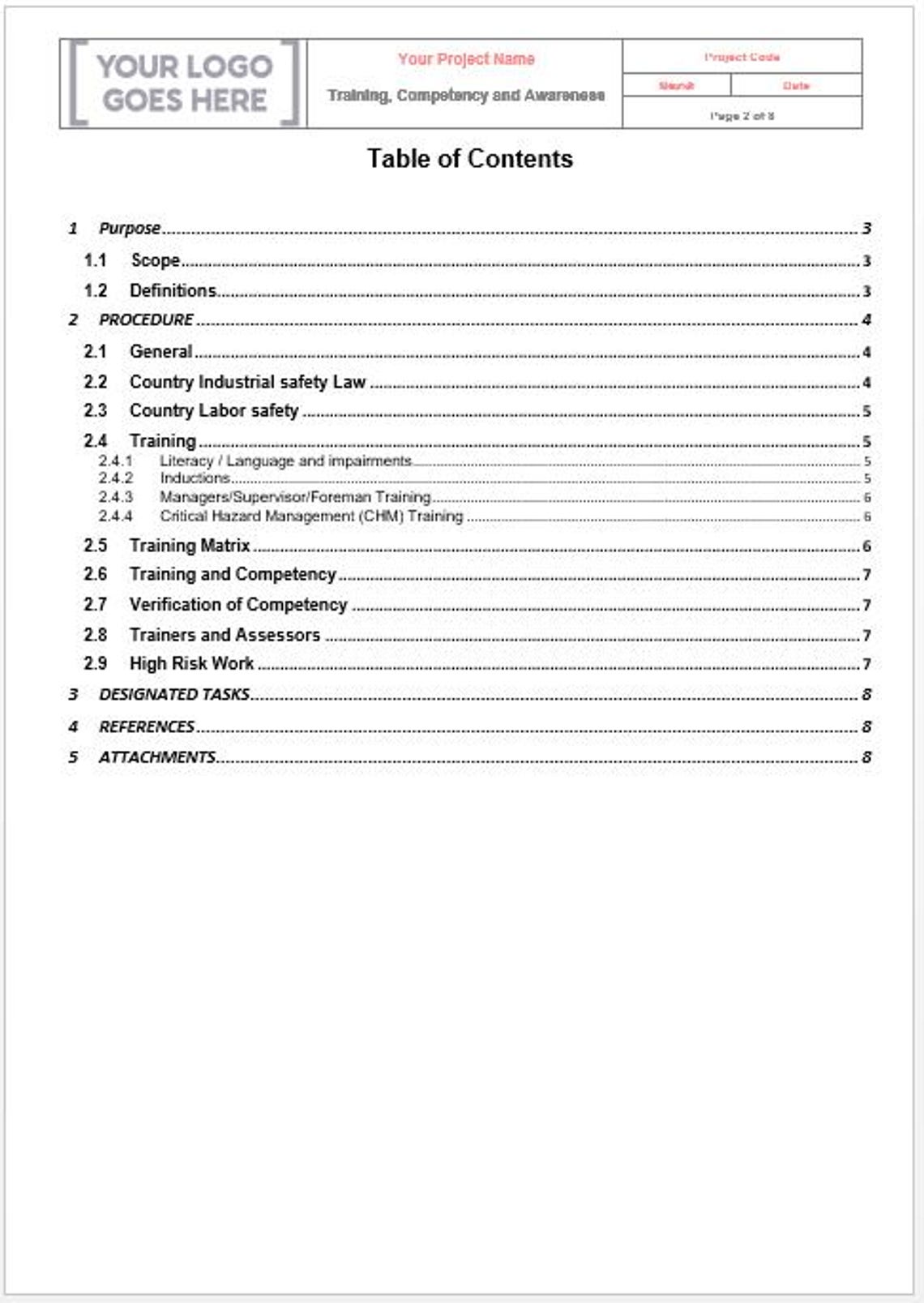 Training, Competency, and Awareness Safety Procedure Template ...