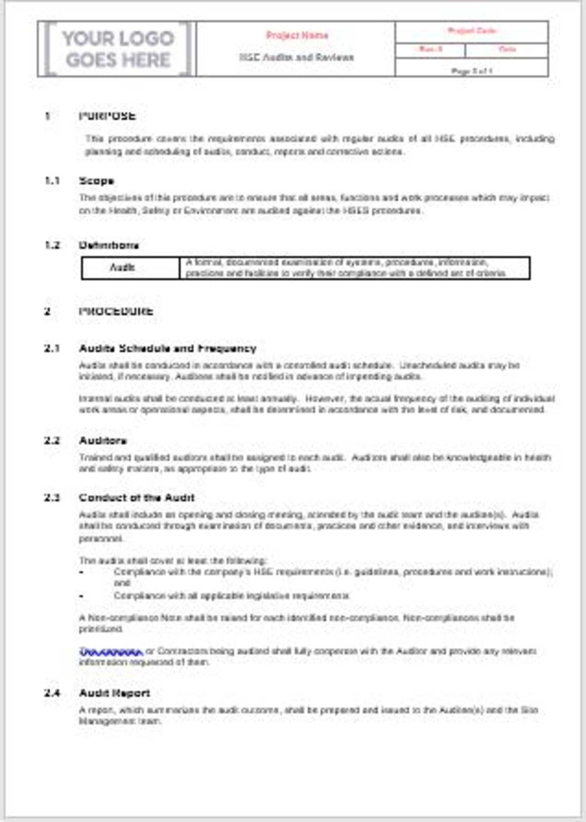 HSE Audits and Reviews Procedure Template | Word File - Etsy