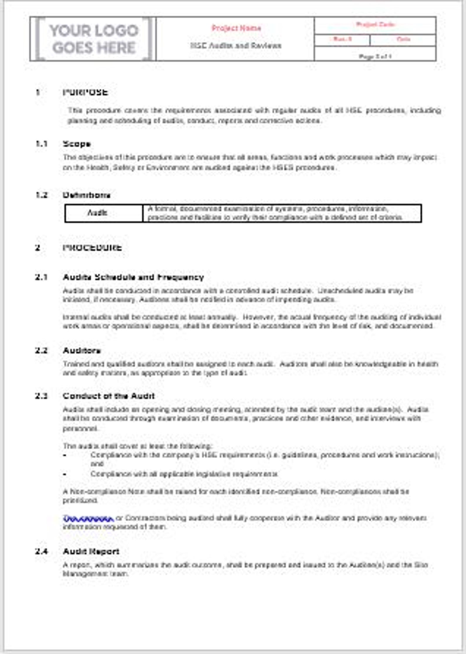 HSE Audits and Reviews Procedure Template | Word File - Etsy
