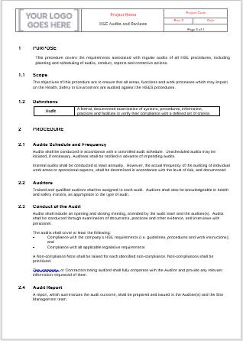 HSE Audits and Reviews Procedure Template | Word File - Etsy