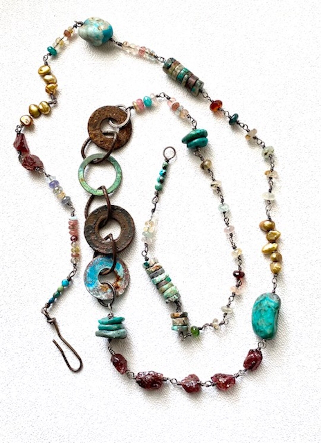 Long Boho Gemstone Necklace, Rust and Gemstones Necklace, Luxury Multi ...