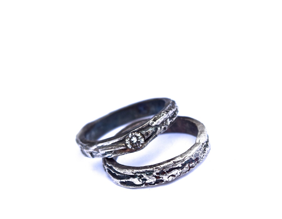 Rustic Diamond Ring, Tree Bark Wedding Ring SET, Silver Twig Ring, Thin ...
