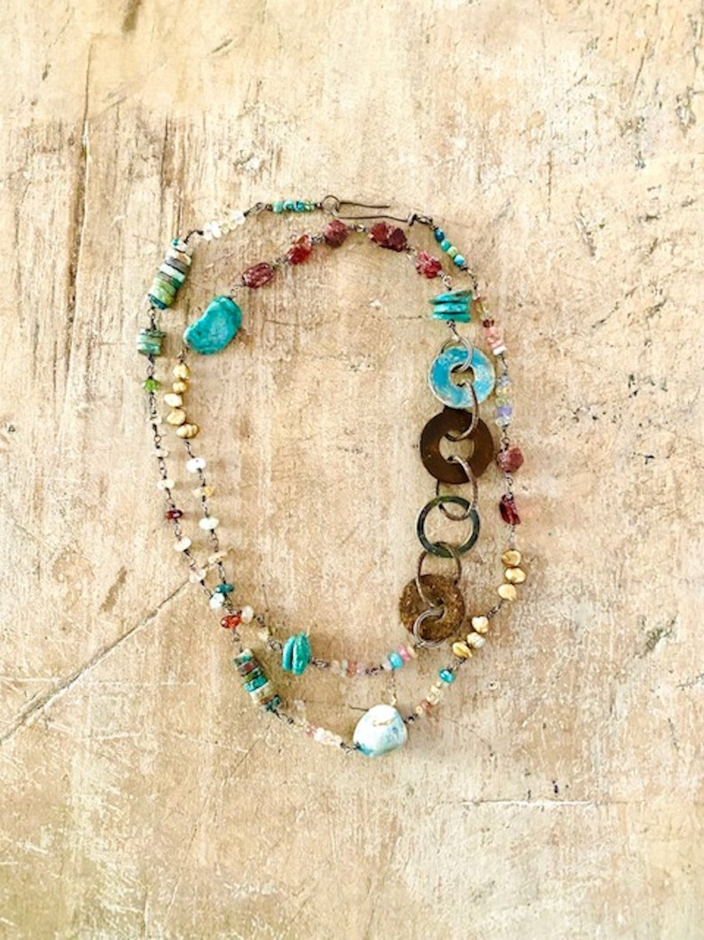 Long Boho Gemstone Necklace, Rust and Gemstones Necklace, Luxury Multi ...