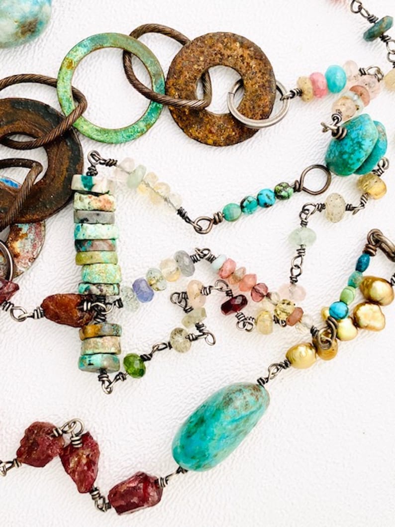 Long Boho Gemstone Necklace, Rust and Gemstones Necklace, Luxury Multi ...