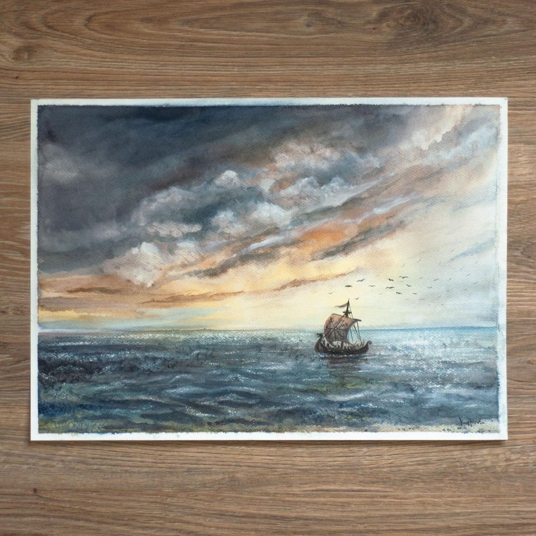Sun Shine Drakkar Seascape - Original Watercolor Painting, Handmade ...