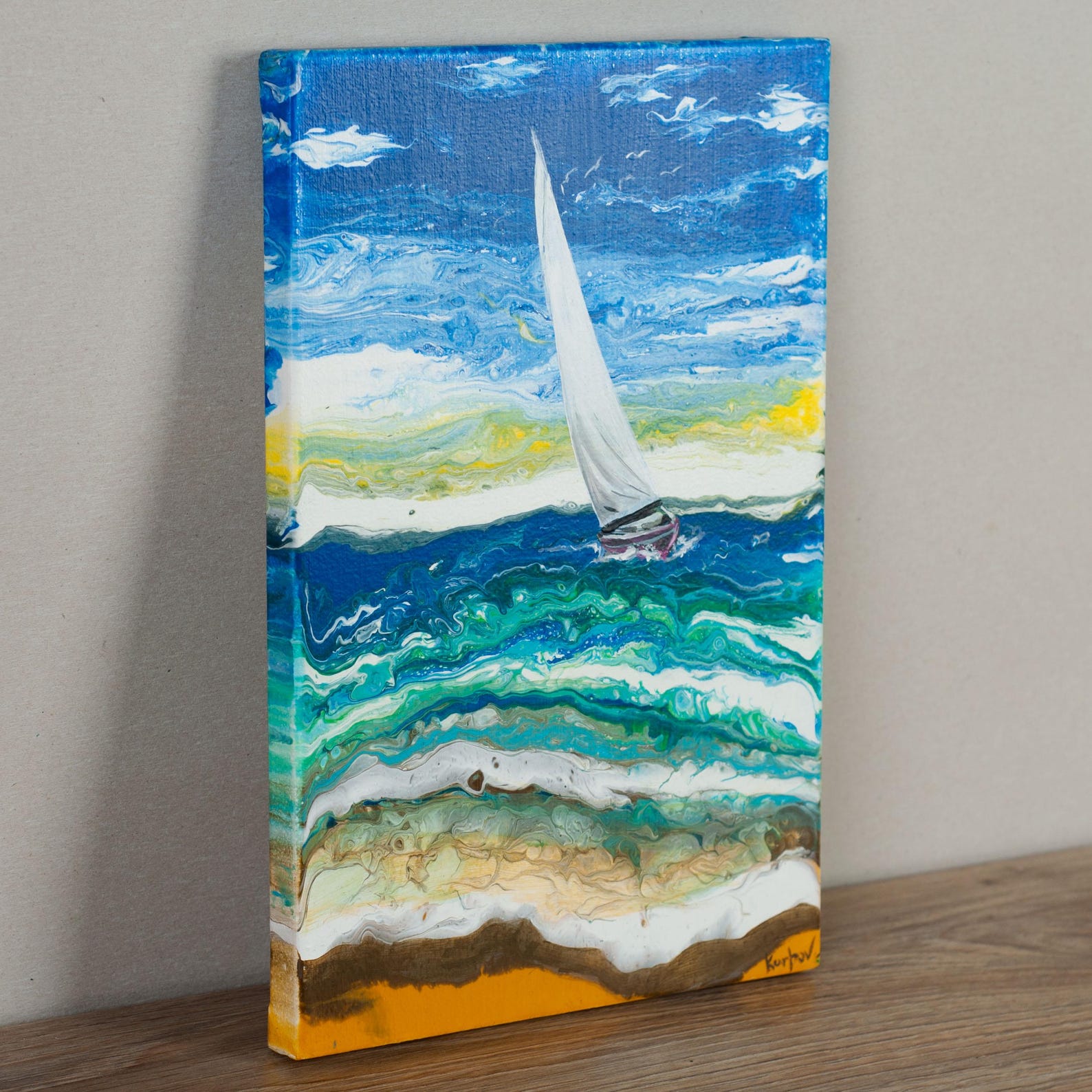 Yacht on the Coastal Waves - Original Painting, Handmade Acrylic on ...