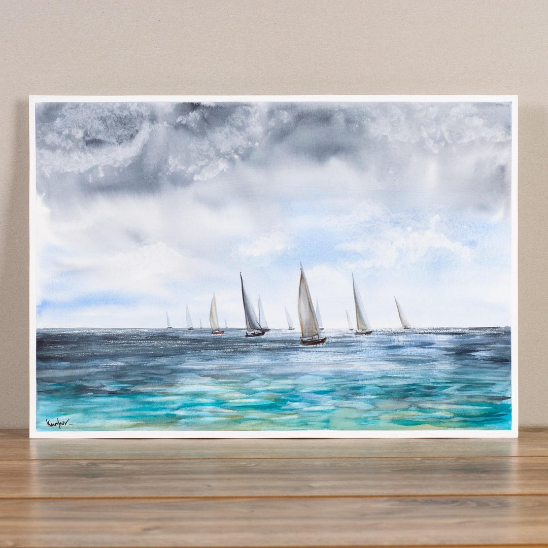 Regatta Seascape - Original Watercolor Painting, Handmade Sea Sky ...