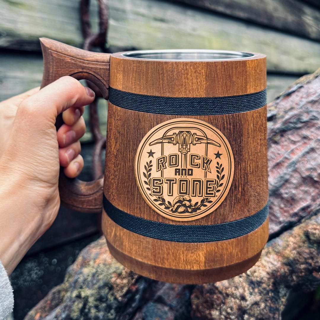 Rock and Stone Gift Wood Beer Mug With Engraved Leather Plate Gamer ...