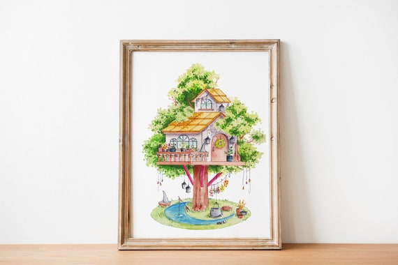 Watercolor Art Print Treehouse Series Moon Lake Digital | Etsy