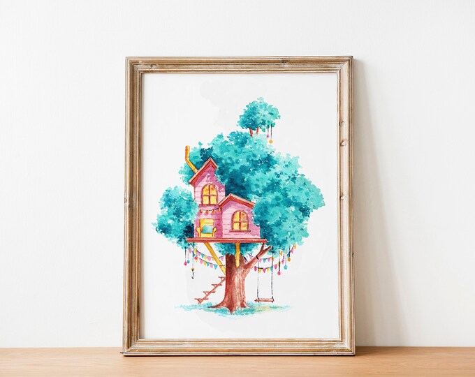 Teal and Pink Cozy Treehouse Watercolor Art Print Digital - Etsy