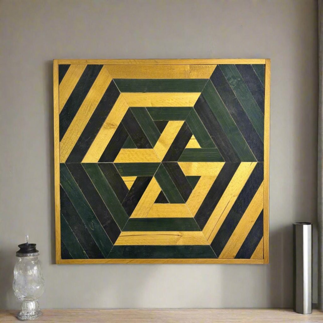 Green Geometric Line Art, Wood Wall Decor Panel,handmade Geometric Wood ...