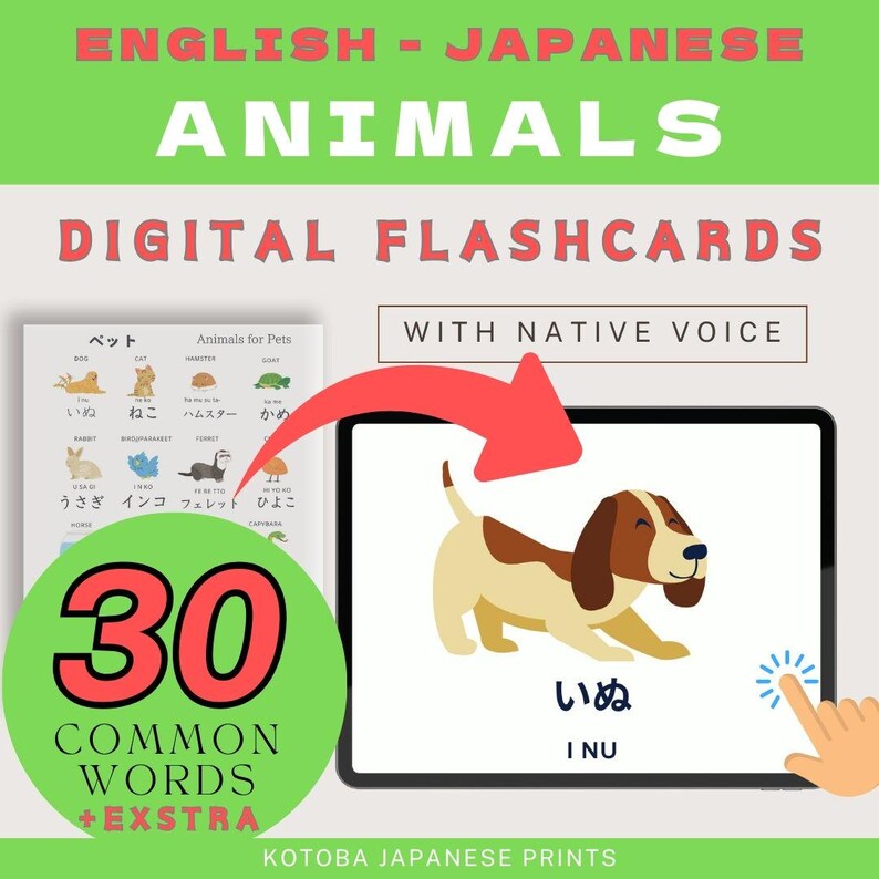 30 Japanese Vocabulary Digital Flashcards With VOICE: ANIMALS Name in ...