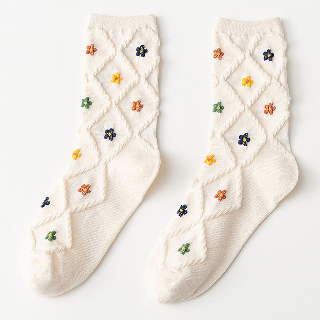Trendy Women Floral Diamond Pattern Socks | Chic Embroidered Cute ...