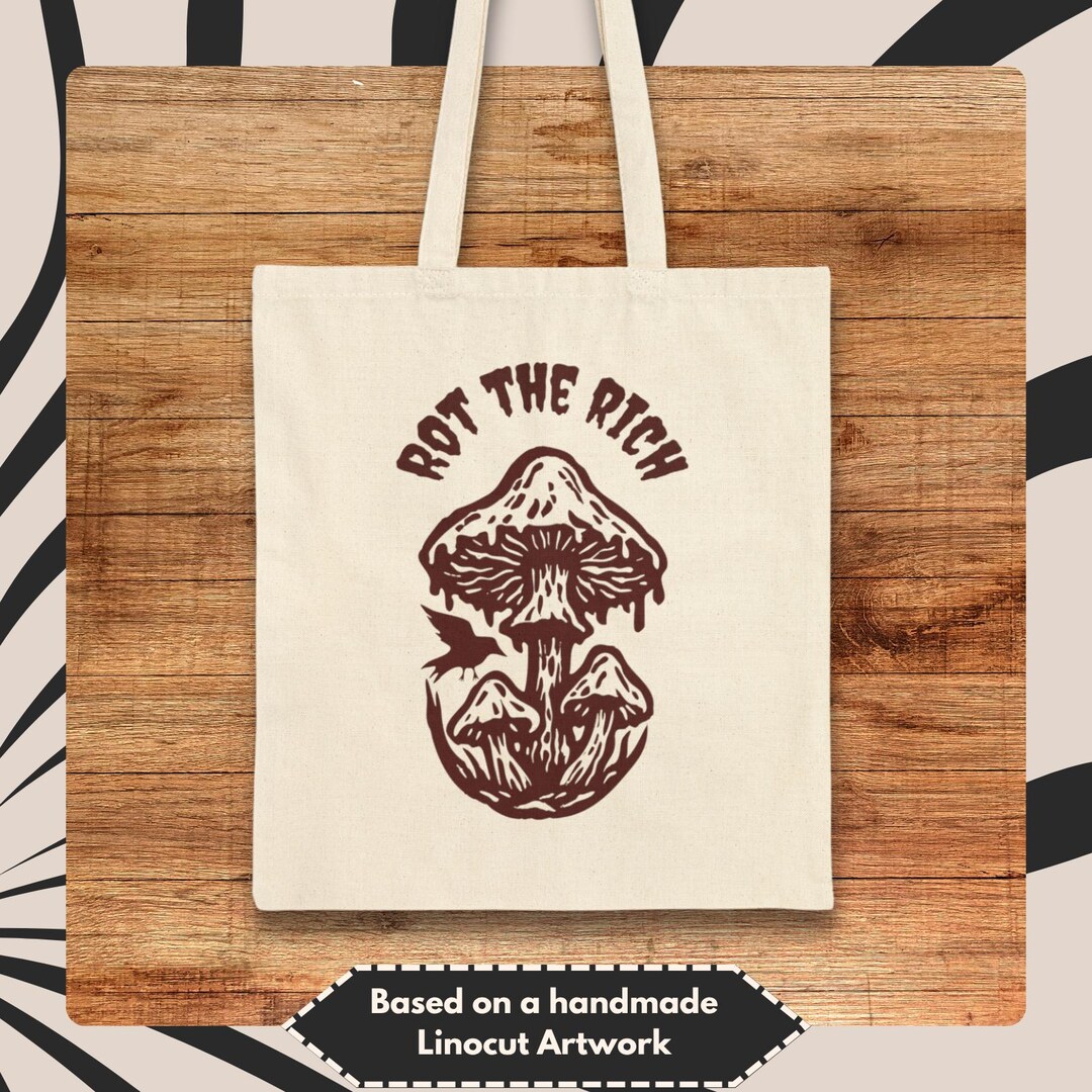 Rot the Rich Tote Bag: Mushroom Crow Linocut Print - Anti-capitalist ...