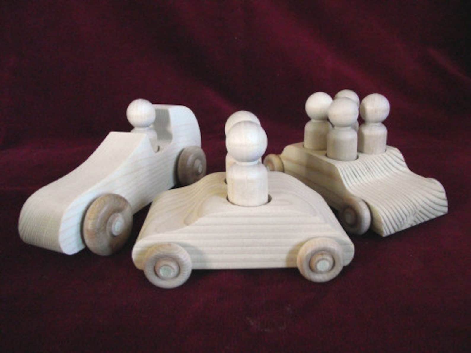 Set of Three Cars With Peg People, Unfinished Pine and Hardwood - Etsy