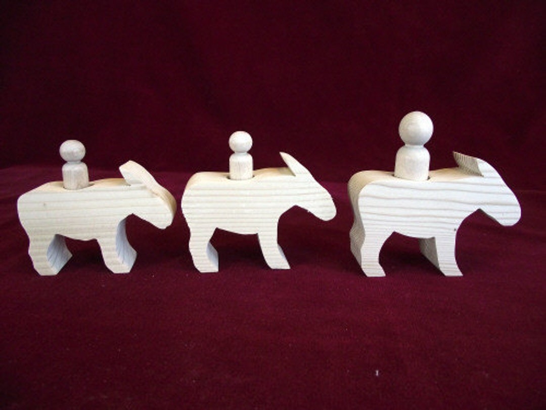 Set of 3 Chunky Standing Donkeys With Peg Doll Riders, Unfinished Pine ...