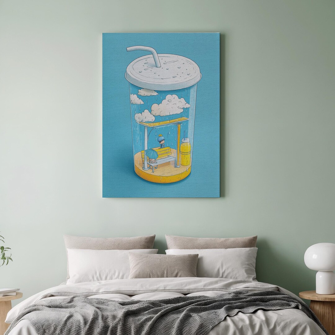 Bus Stop Inside a Soda Cup Canvas, Whimsical Rainy Day Illustration ...