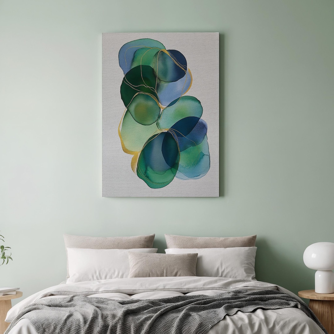 Green and Blue Watercolor Shapes, Framed Overlapping Circles With Gold ...