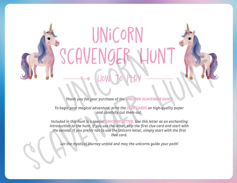 Unicorn Scavenger Hunt, Indoor Treasure Hunt, Printable Kids Scavenger ...