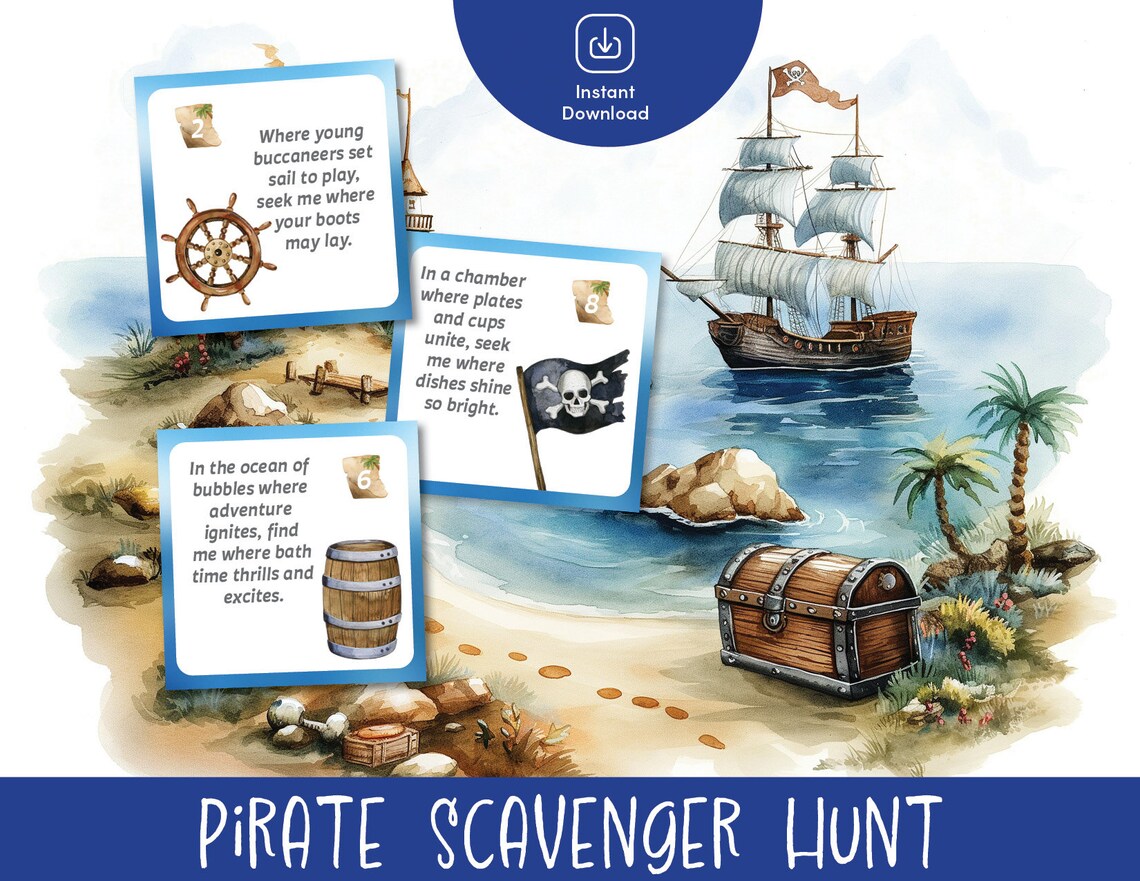 Pirate Scavenger Hunt, Indoor Treasure Hunt, Printable Kids Scavenger ...