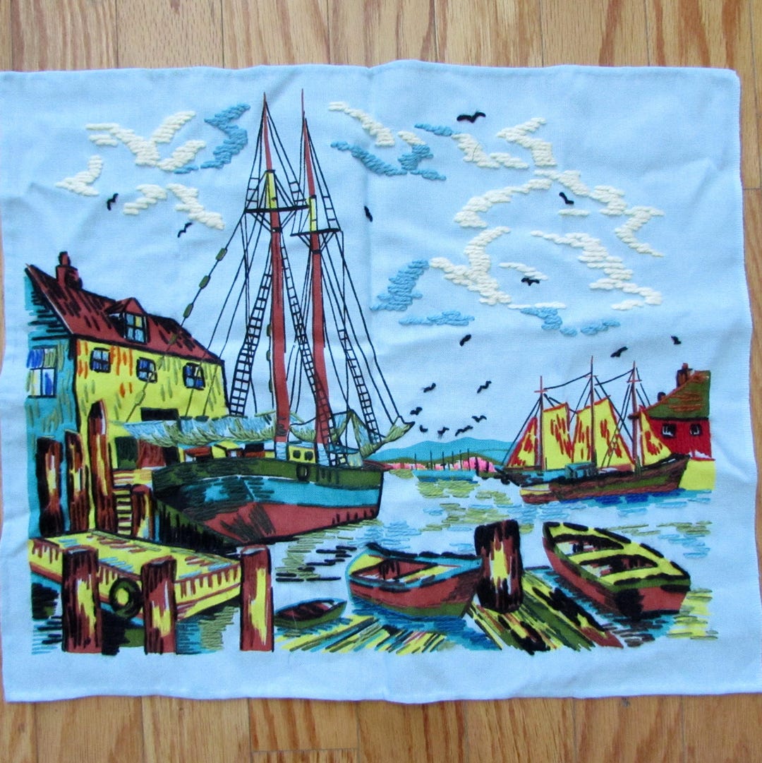 Vintage Ship Crewel Embroidery Panel - Village Harbor Sea Embroidered Art - Screenprinted - Etsy