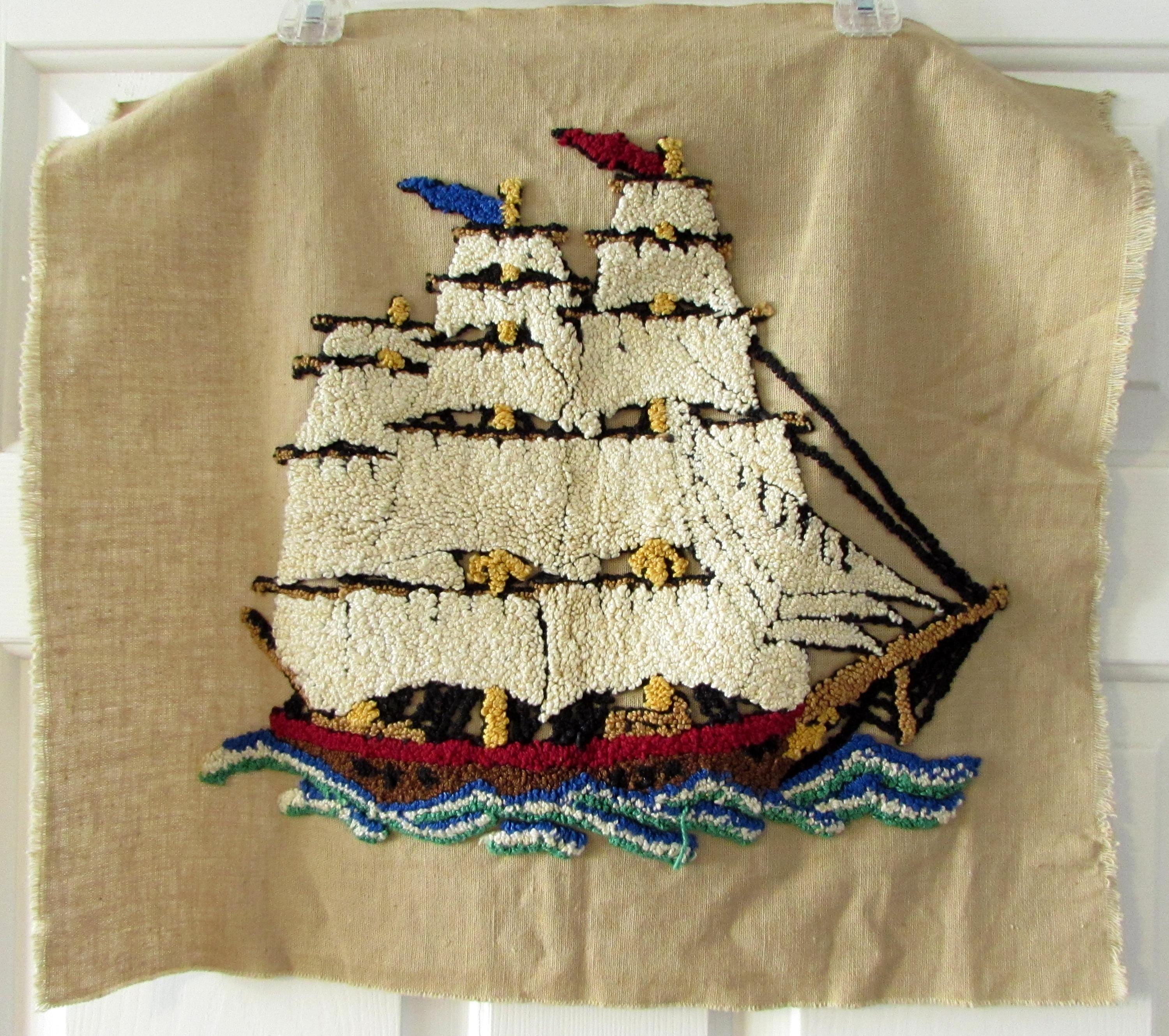 Vintage Ship Tufted Embroidery Panel - Ocean Sea Sailing Ship ...