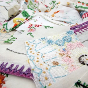 Embroidery Scraps - Fabric Grab Bag - Scrap Bag - Vintage Embroidered ...