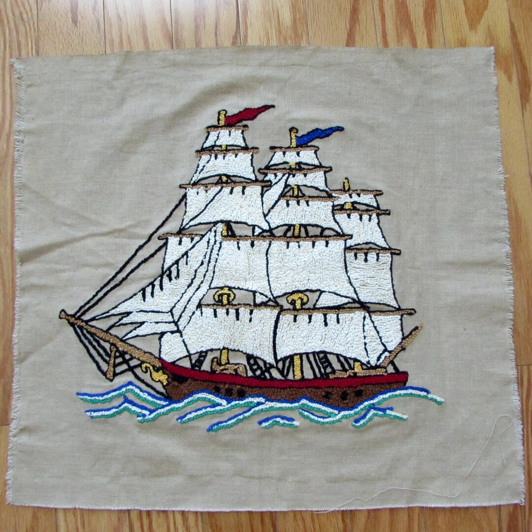 Vintage Ship Tufted Embroidery Panel - Ocean Sea Sailing Ship ...