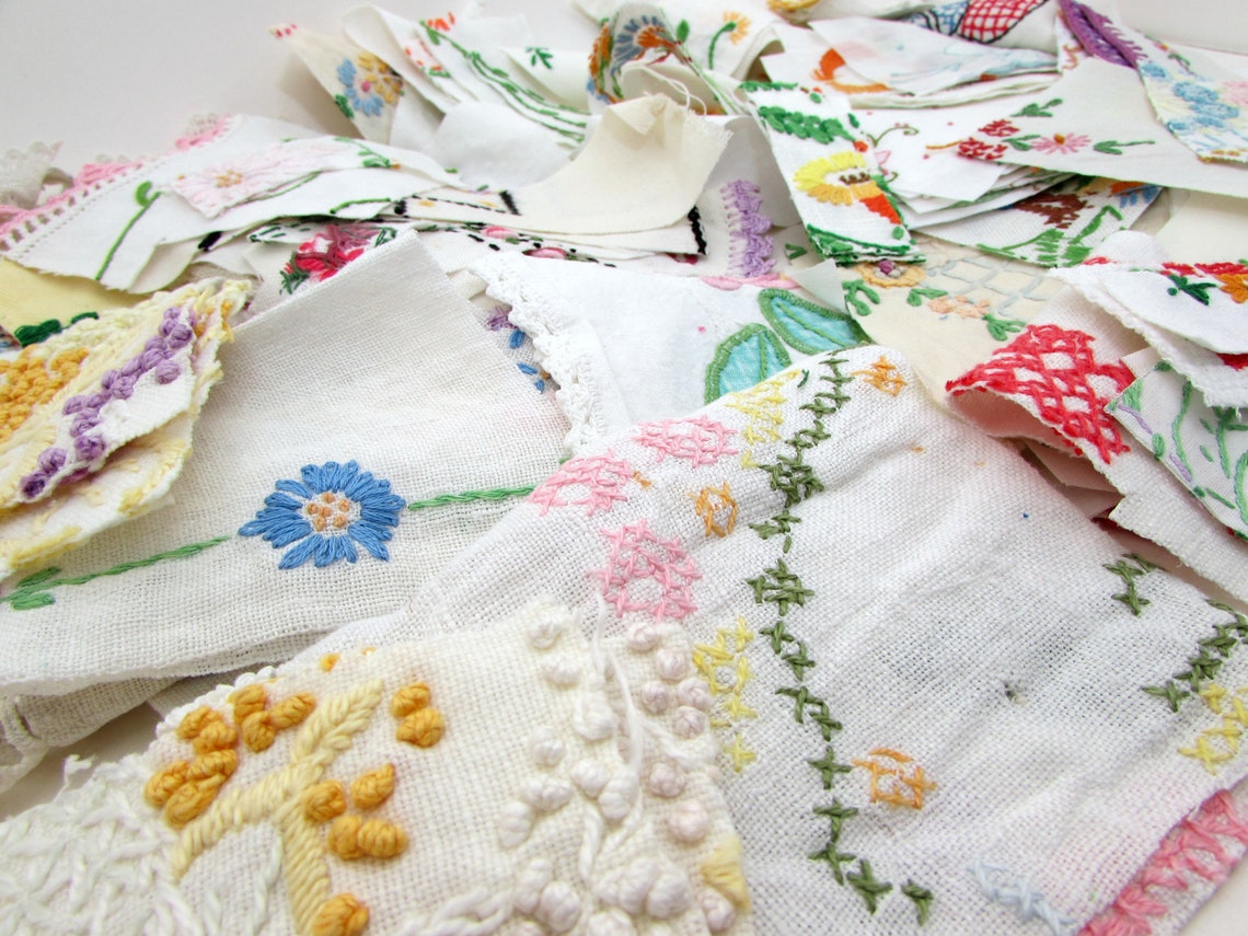Embroidery Scraps Fabric Grab Bag Scrap Bag Vintage - Etsy