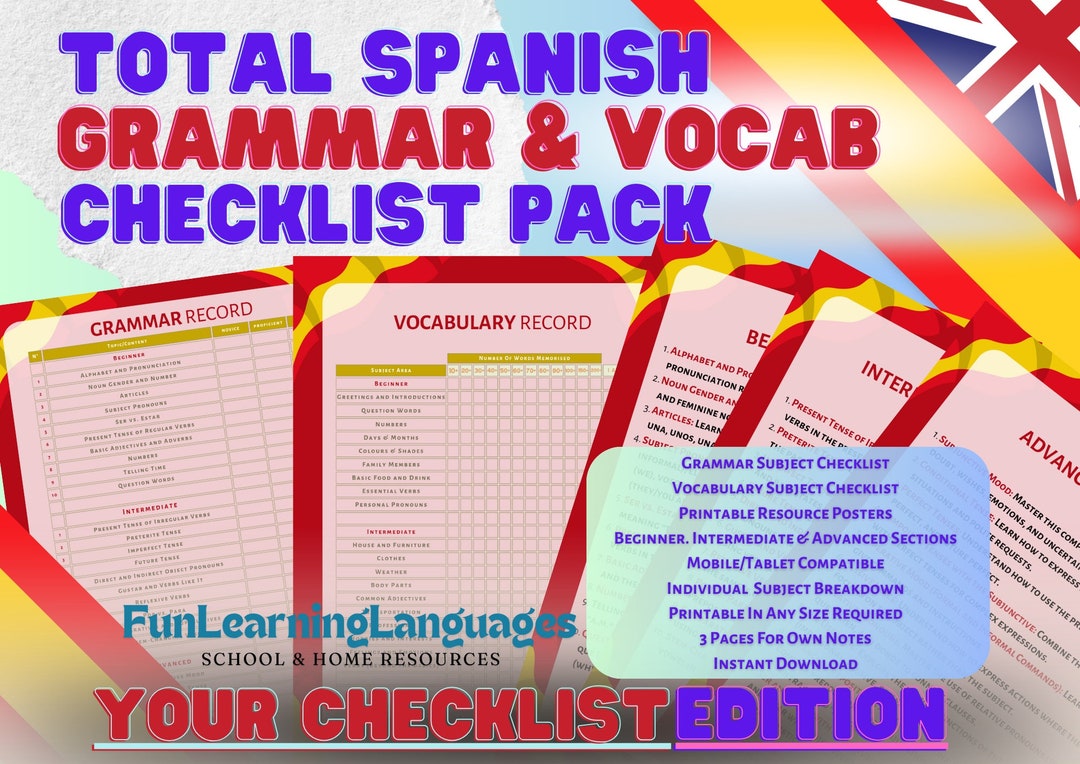 Spanish Mastery Checklists: Vocabulary & Grammar Essentials Bonus Note ...