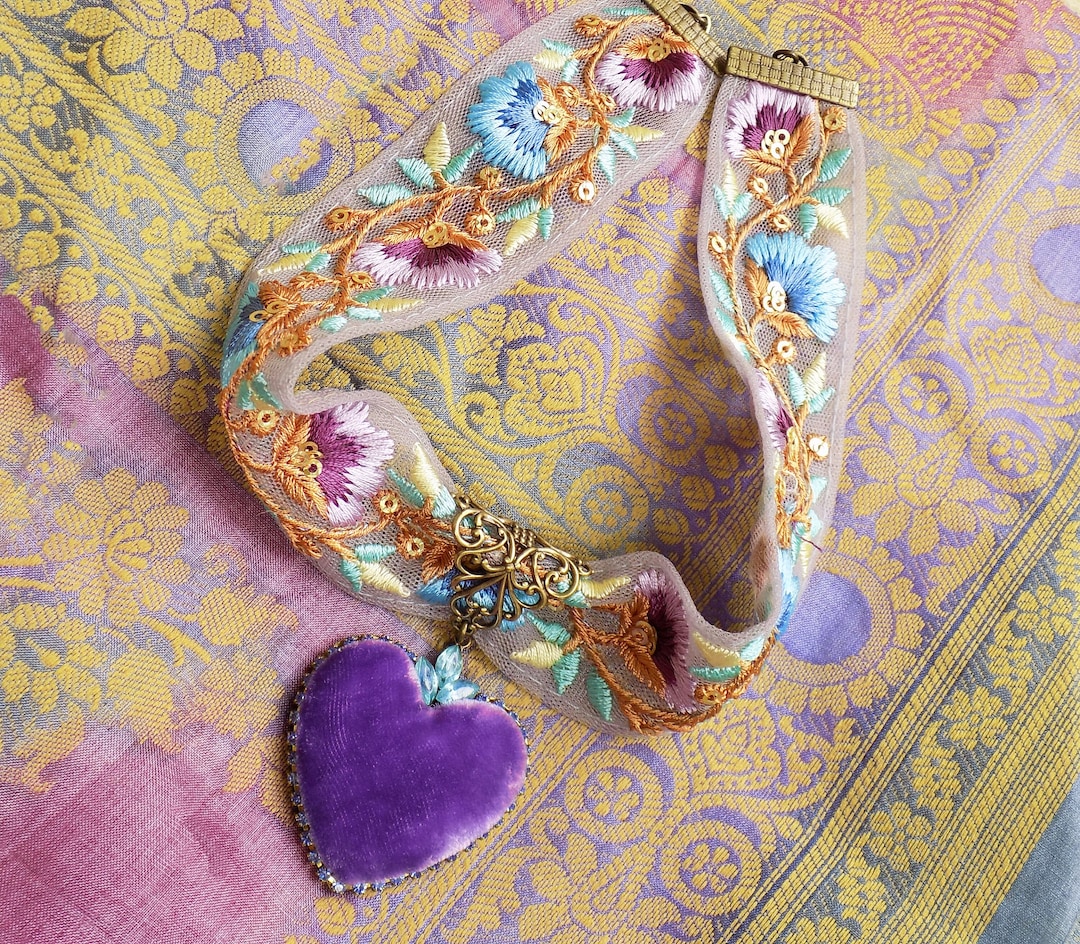 Baroque Choker, Lilac Purple, Aqua Blue, Silk Velvet, Embroidered ...