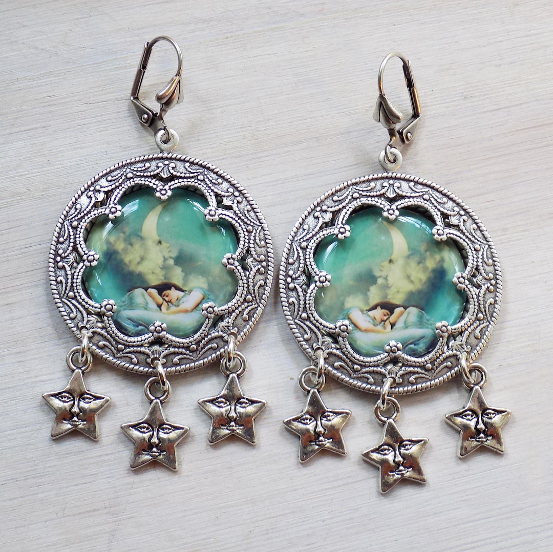 Pre-raphaelite Moon Star Earrings: Mint Green Celestial Jewelry - Etsy
