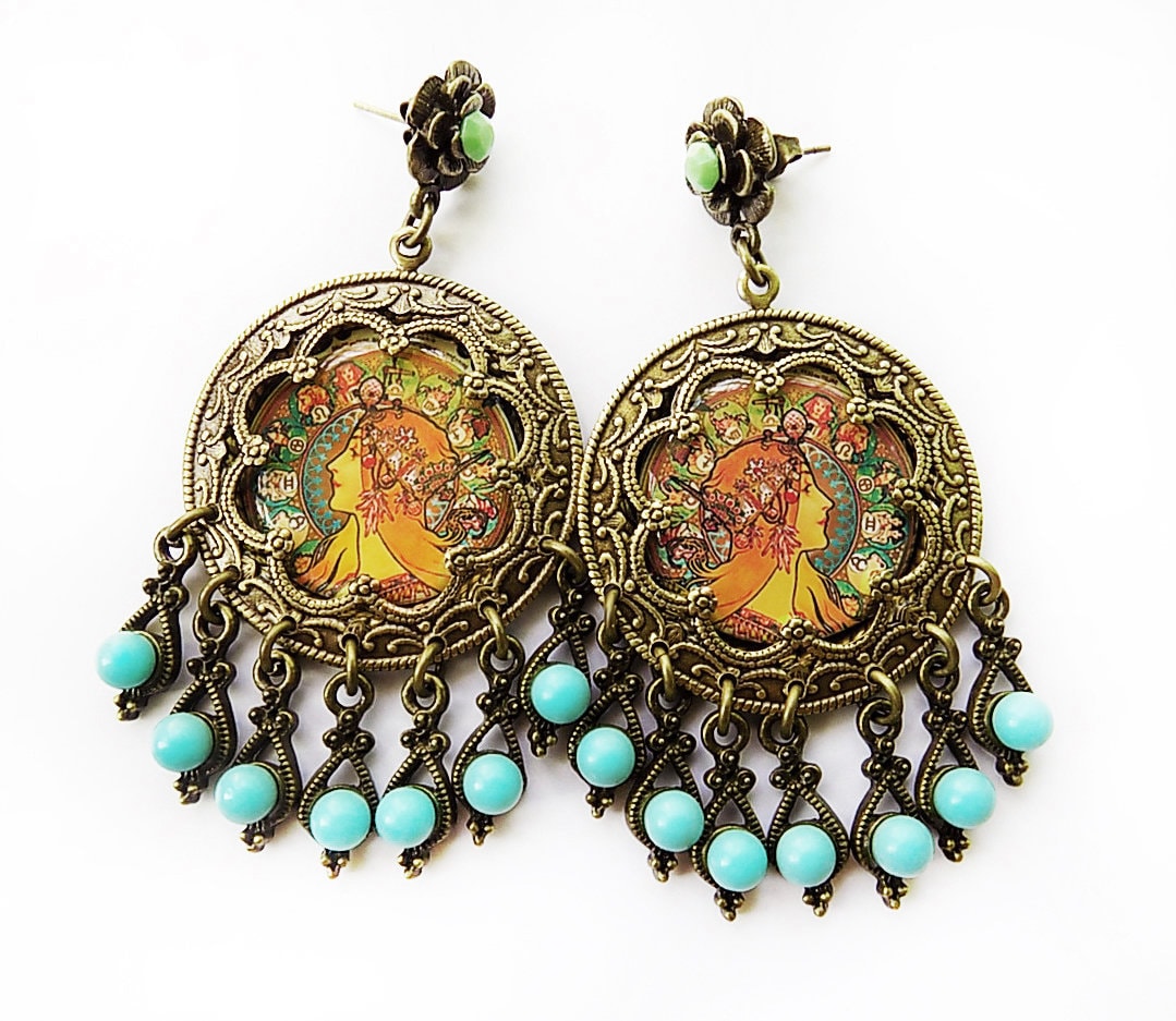 Gypsy Earrings Zodiac Earrings Mucha Earrings Art Nouveau | Etsy