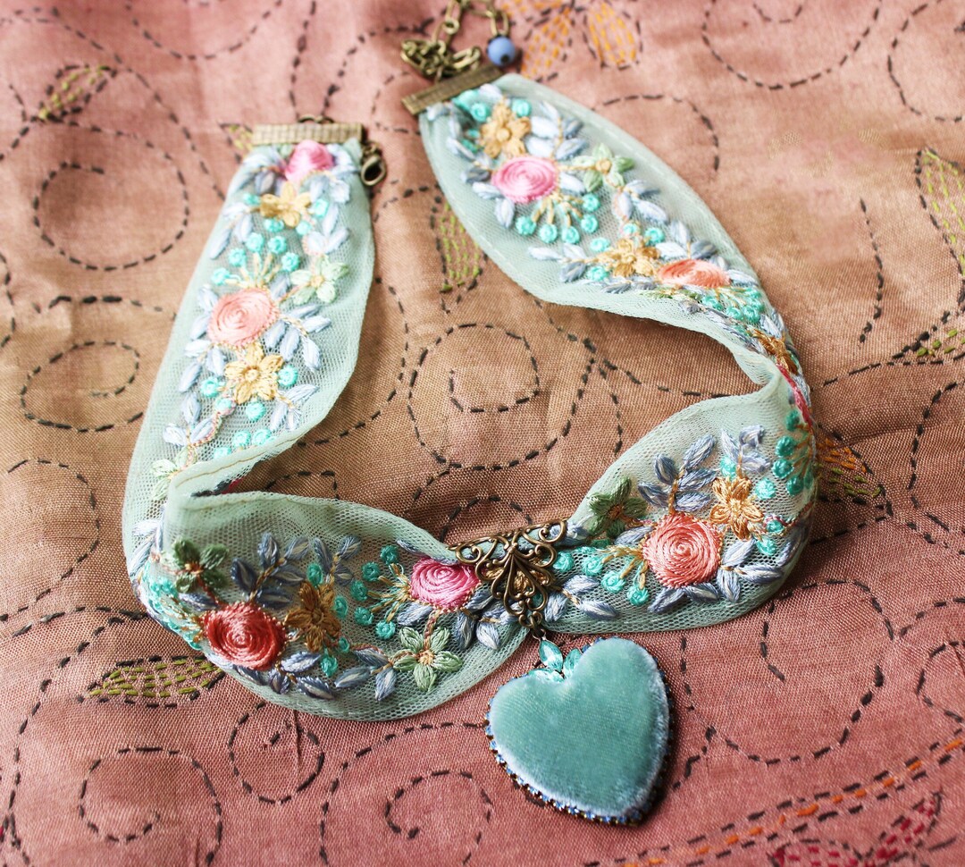 Rococo Choker, Boho Wedding, Embroidered Floral, Silk Velvet Heart, Limited Edition, Pink, Mint ...