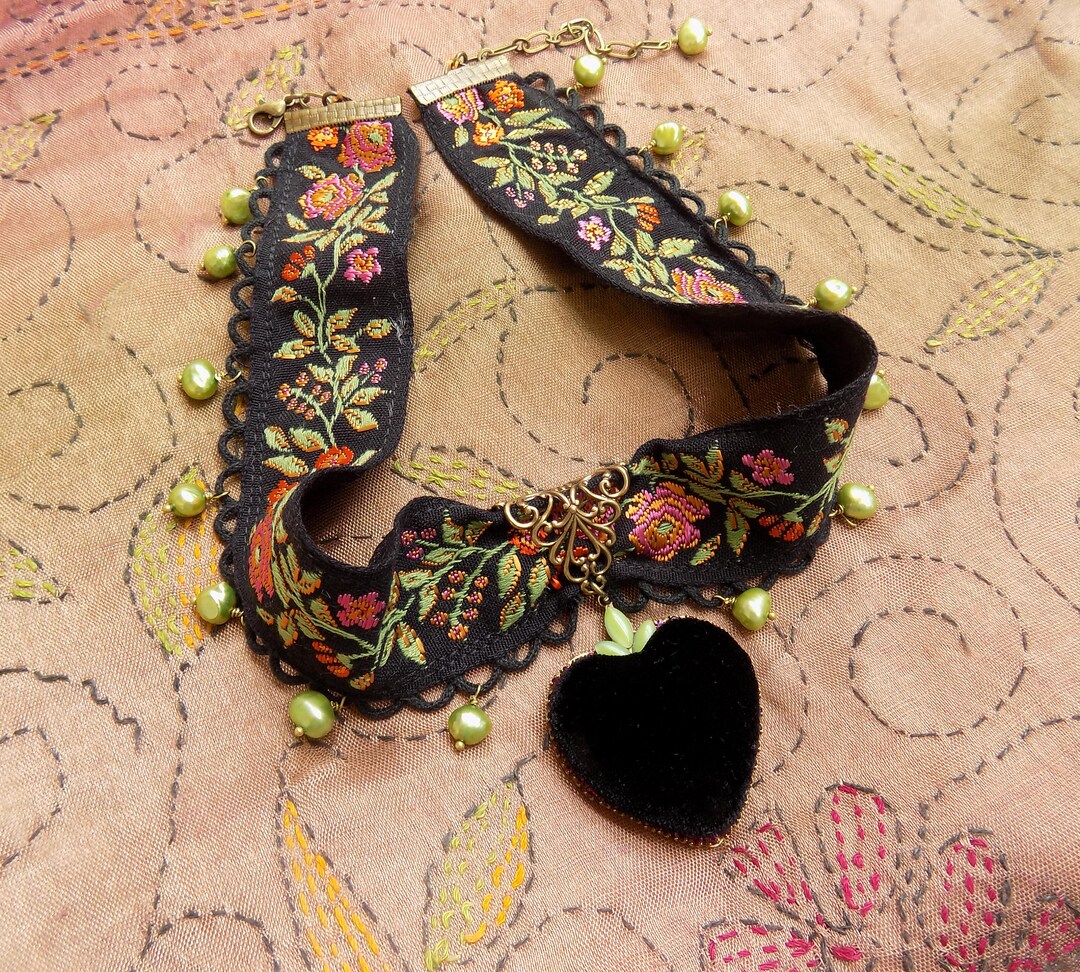 Baroque Choker, Silk Velvet, Black Green, Pink Orange, Black Pink ...