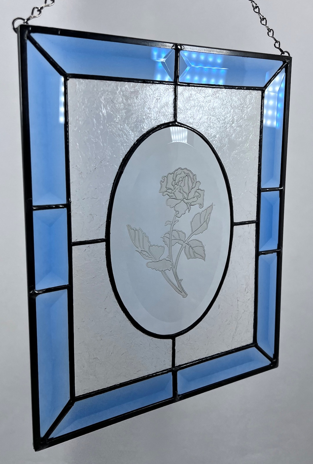 Stained Glass Panel, Rose Etched Bevel Center, Bevel, Gift, Wedding ...