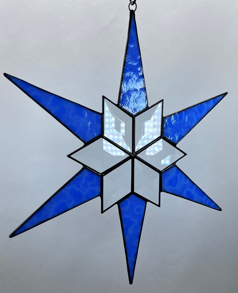 12 Point Flat Moravian Stained Glass Blue Star Christmas Ornament ...