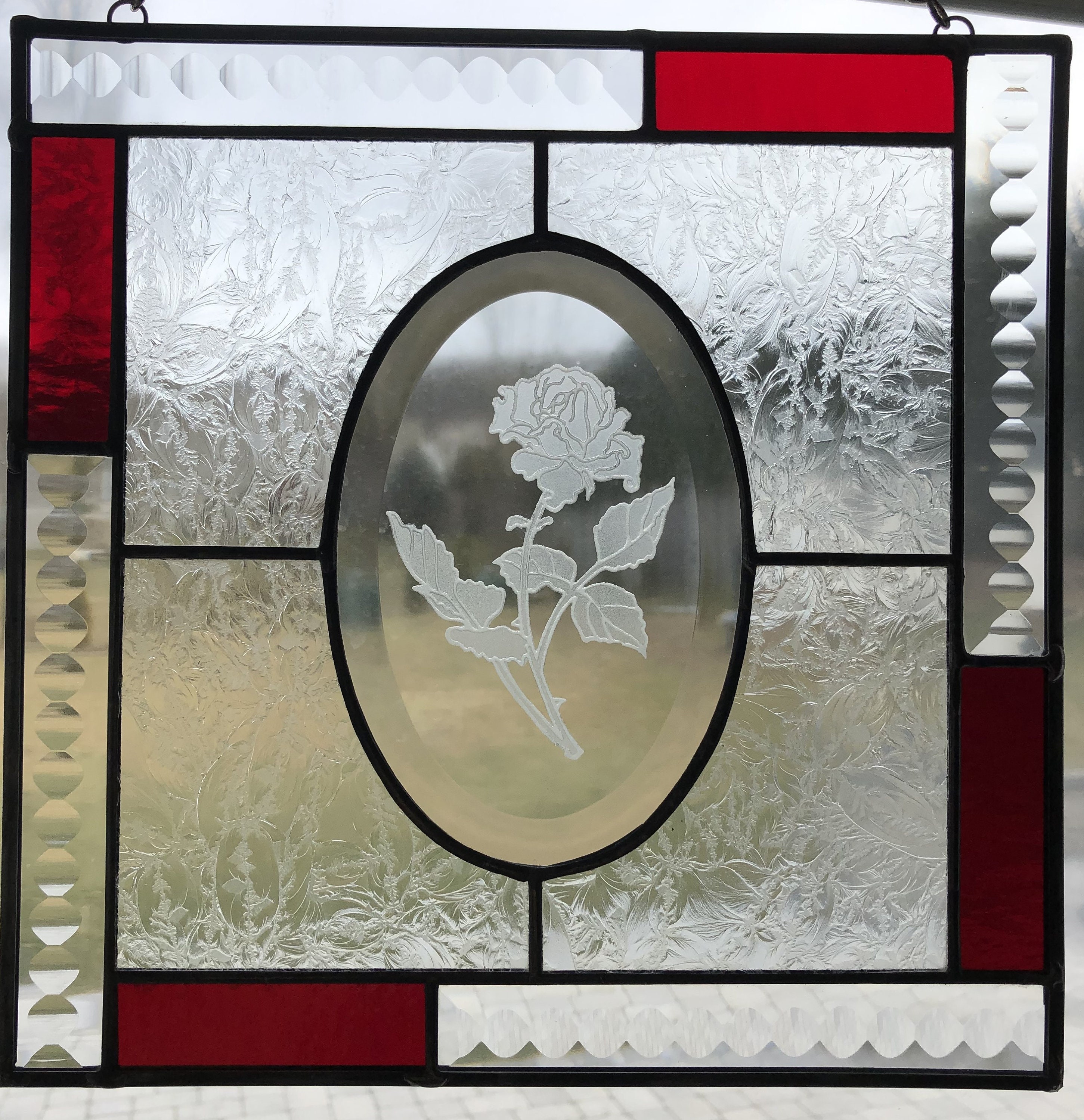 10 x 10 Etched Rose Stained Glass Panel